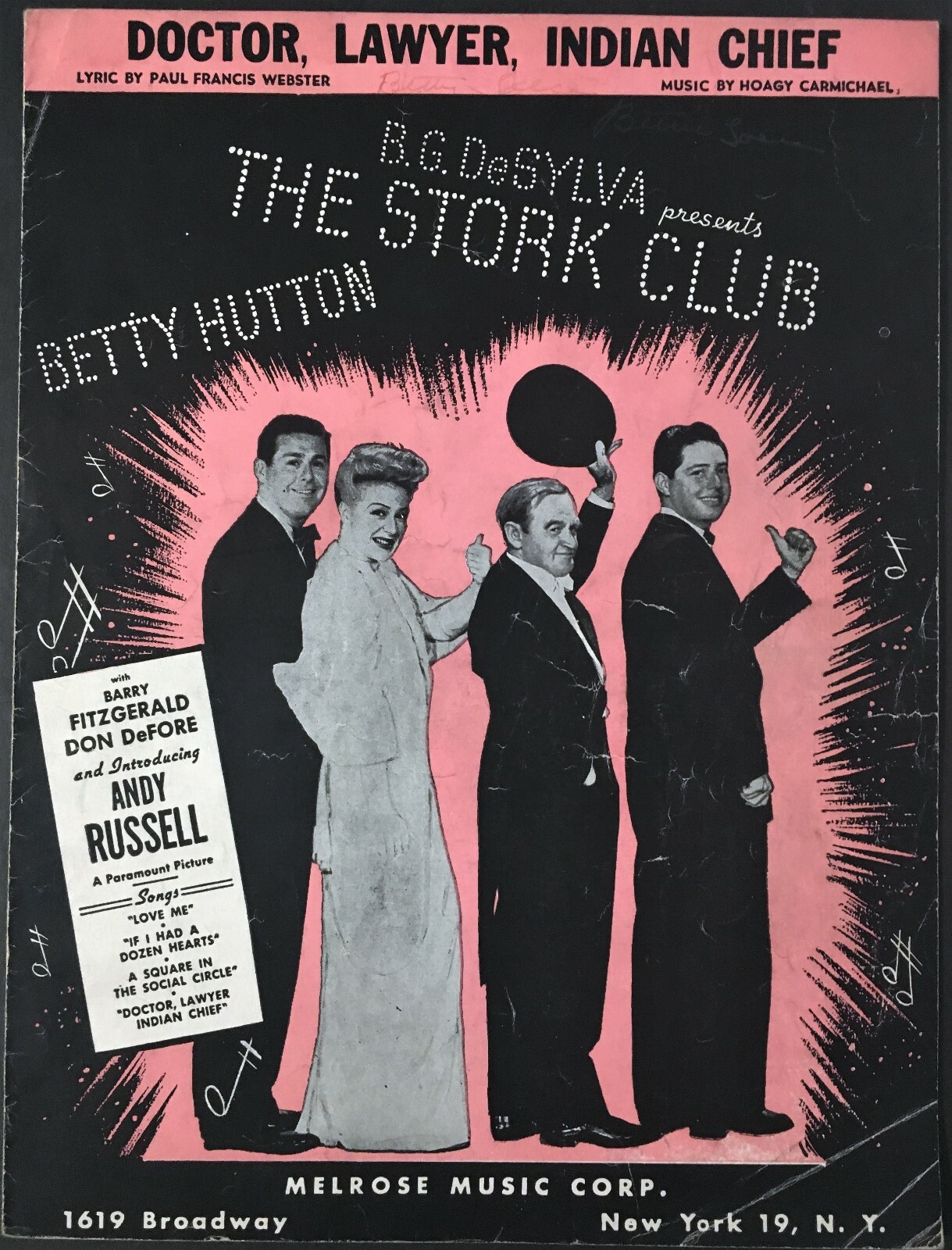 1945 "THE STORK CLUB" MOVIE SHEET MUSIC "DOCTOR, LAWYER, INDIAN CHIEF ...