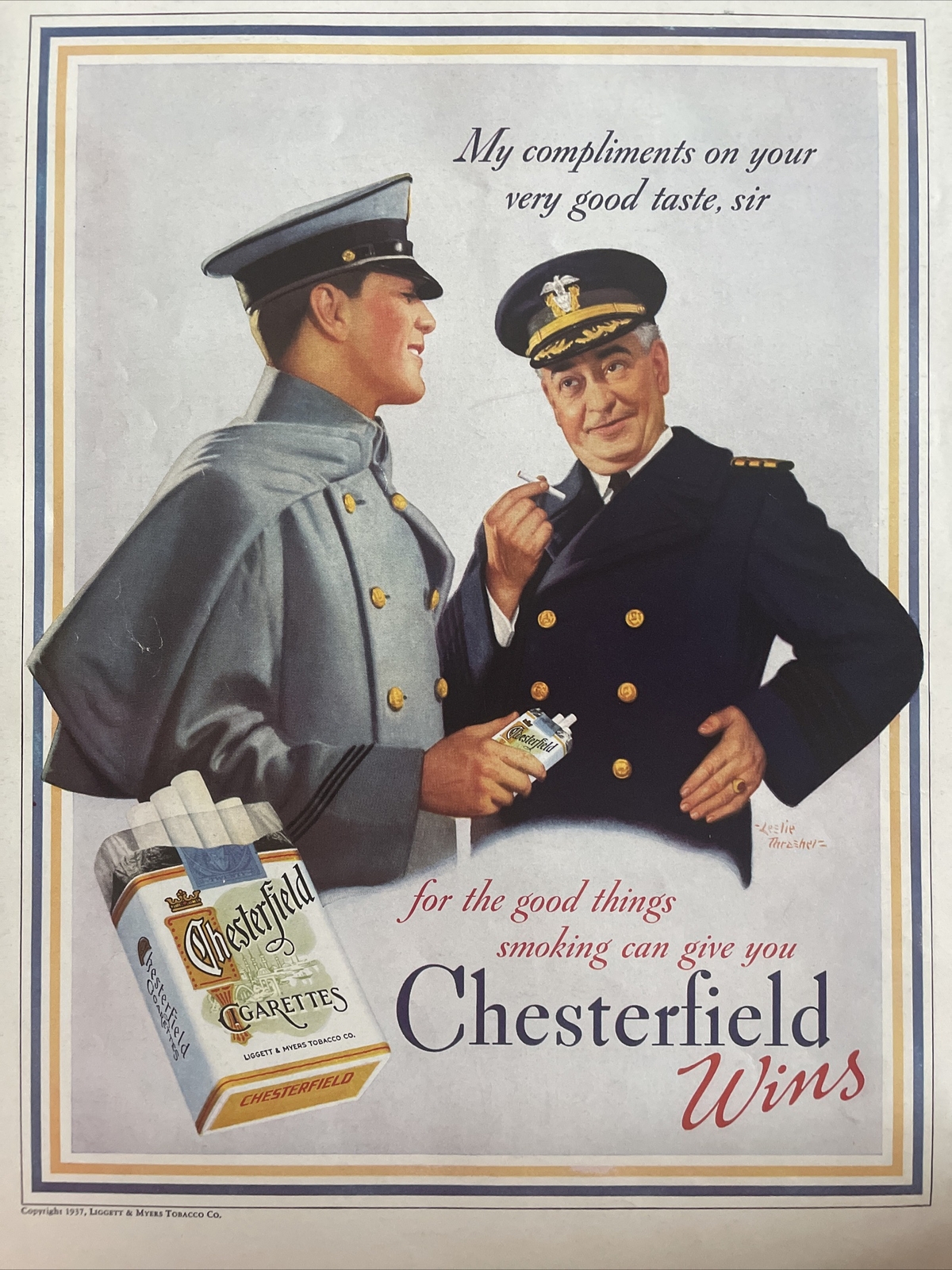 1937 vintage Chesterfield cigarette print ad, Chesterfield wins ...