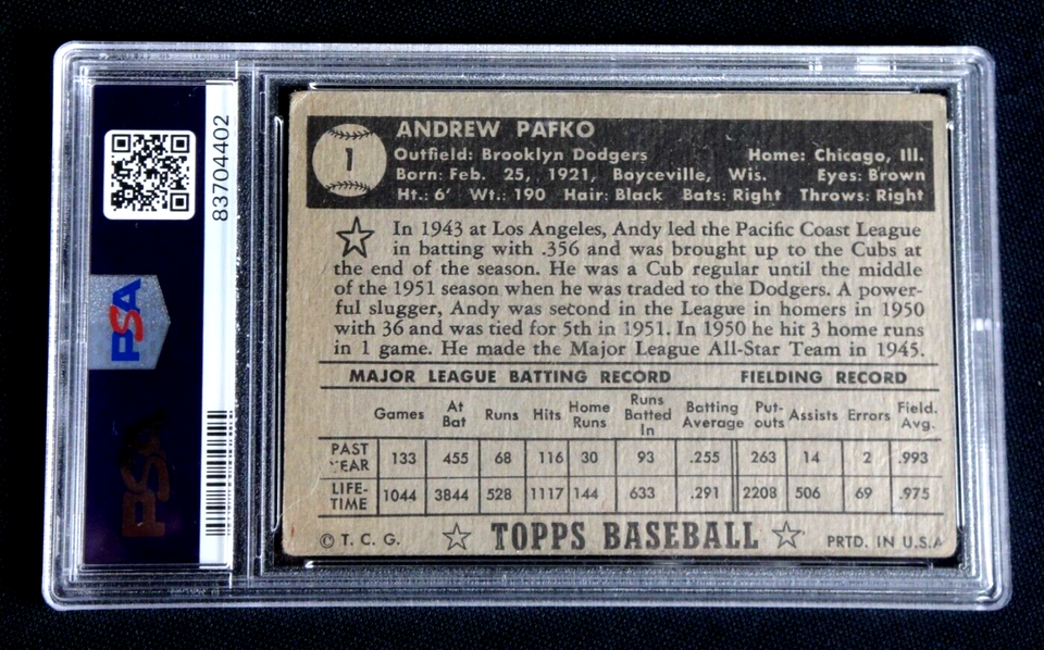 ANDY PAFKO 1952 TOPPS BASEBALL CARD #1 PSA 2.5 GOOD+ DODGERS BLACK BACK ...
