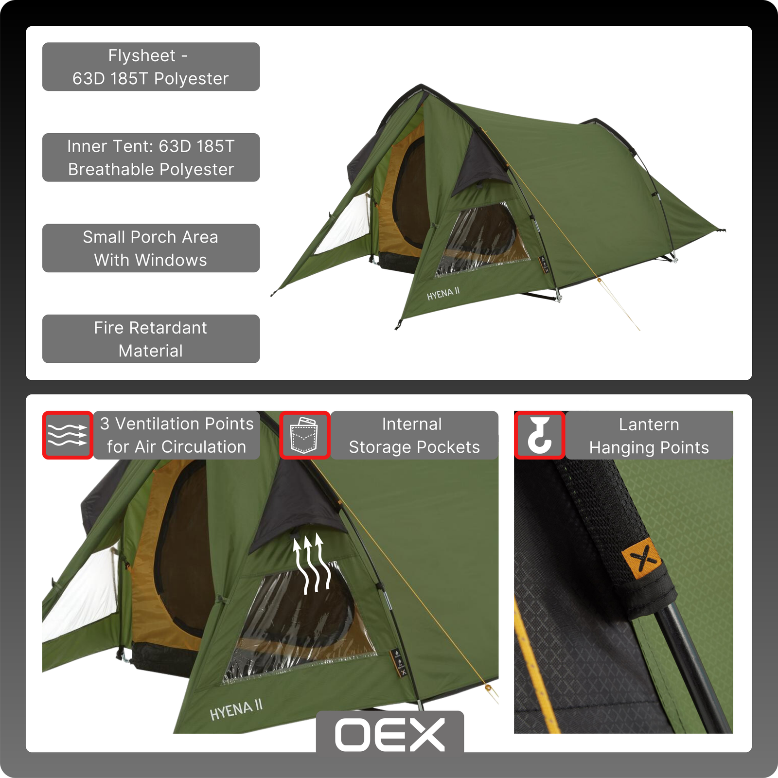 OEX Lightweight Spacious Hyena II Tunnel Tent for 2 People, Camping ...