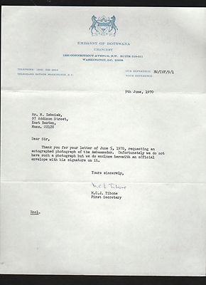Mbiganyi Charles Tibone SIGNED letter Botswana politician & businessman ...
