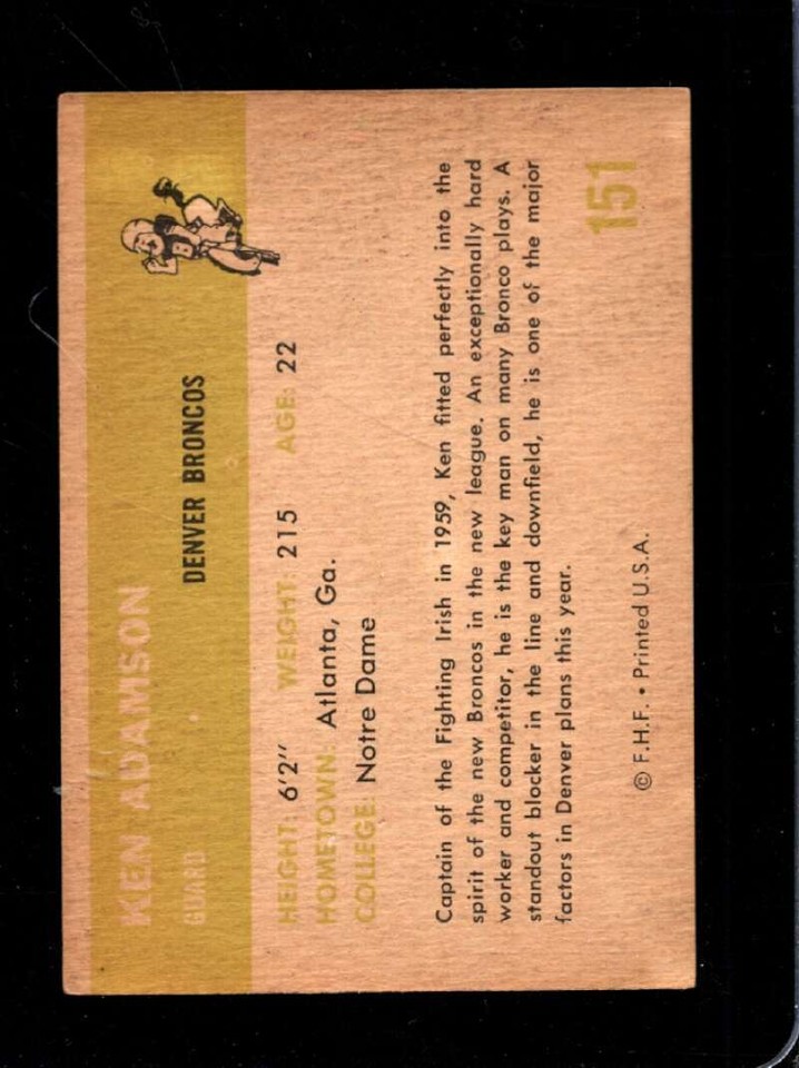 1961 FLEER #151 KEN ADAMSON VGEX BRONCOS (WAX) *X55729 | eBay