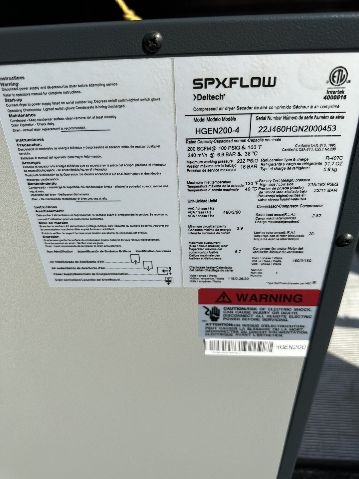 Hankison SPX-FLOW Deltech 200 SCFM Dryer Model HGE200-4 | eBay