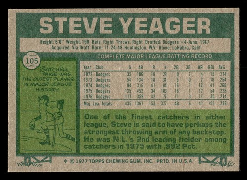 1977 Topps Steve Yeager #105 Los Angeles Dodgers HIGHER GRADE NO ...