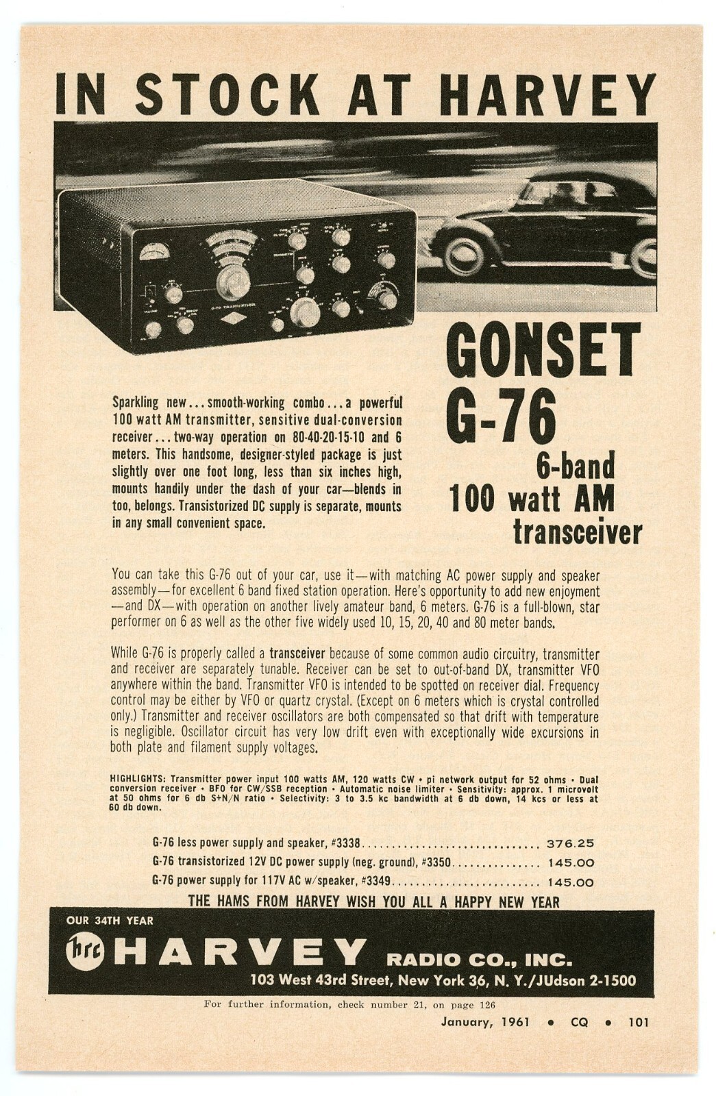 CQ Ham Radio Mag. Ad for GONSET G-76 6-Band 100 Watt AN Transceiver (1/ ...