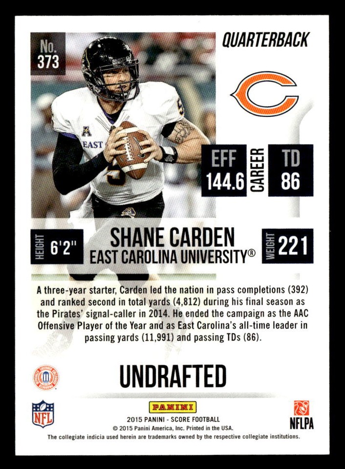Shane Carden 2015 Score Rookie Card #373 Chicago Bears | eBay