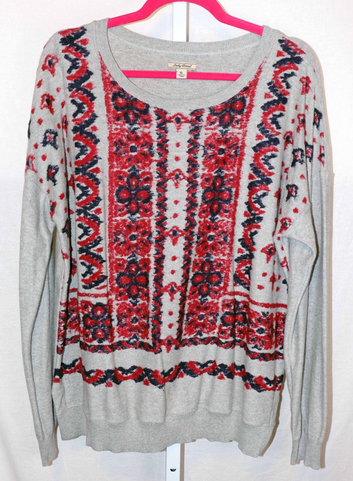 Cozy Lucky Brand Gray Textured Tribal Print Scoop Neck L/S Sweater Size ...