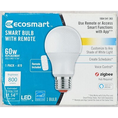 Ecosmart Smart Bulb W/ Remote - Color Temp Zigbee Echo Alexa ...