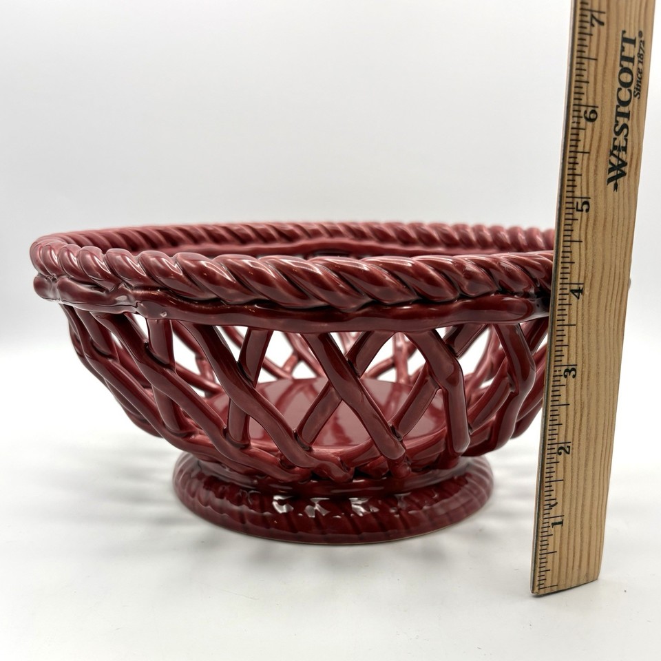 Round Woven Lattice Burgundy Ceramic Fruit Bread Basket Bowl ...