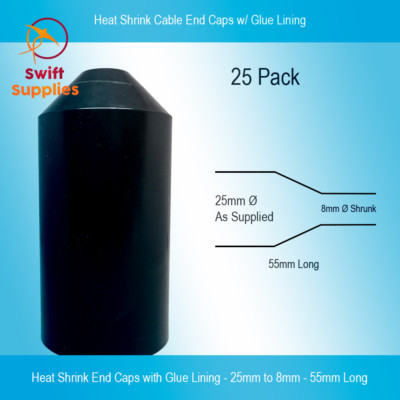 25 Pack: Heat Shrink End Caps with Glue Lining - 25mm to 8mm - 55mm ...