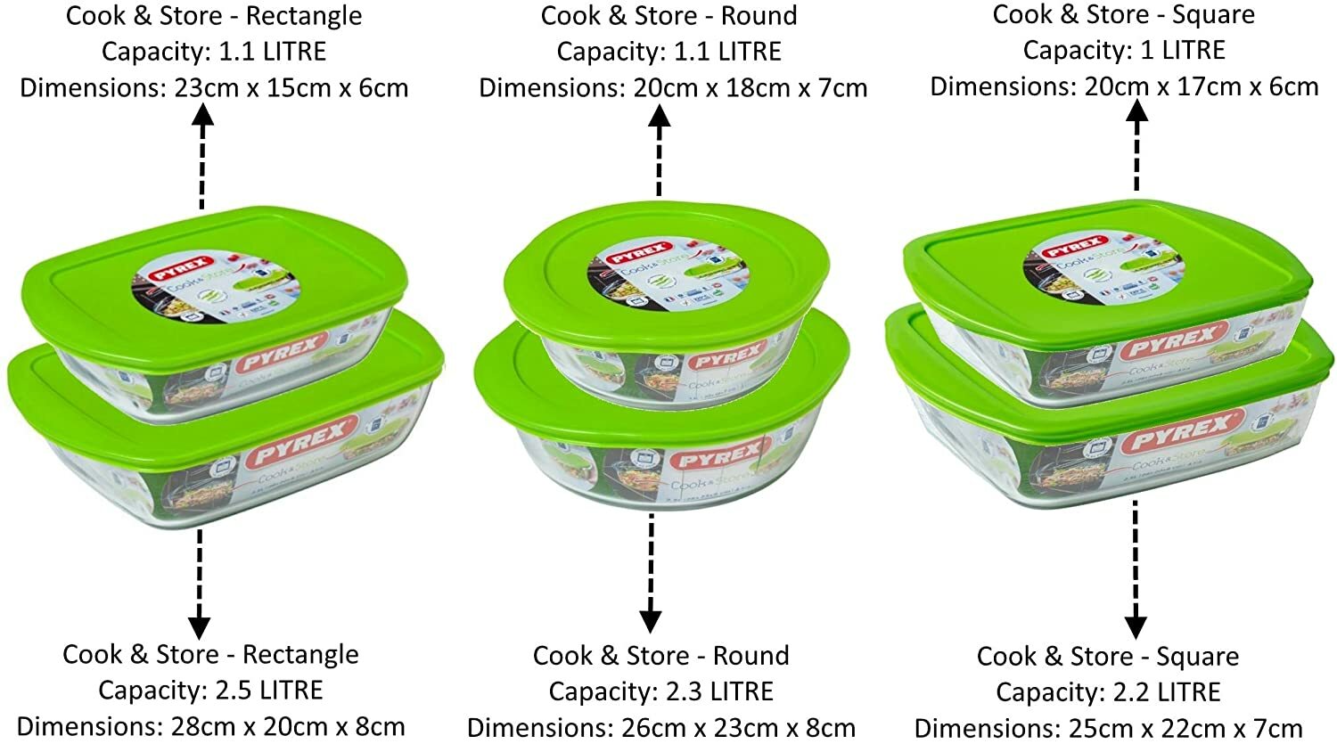 Pyrex 6 Pieces Cook & Store Glass Dishes Set With Lids 1.0L/1.1L/2.2L/2 ...