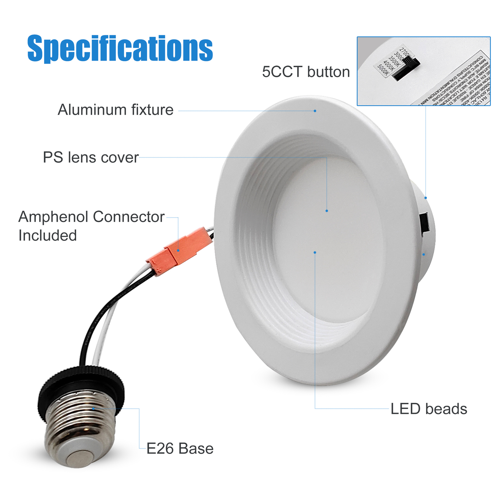 6/12 Pack 4'' LED Can Light Retrofit 5CCT Baffle Trim Matte White ...