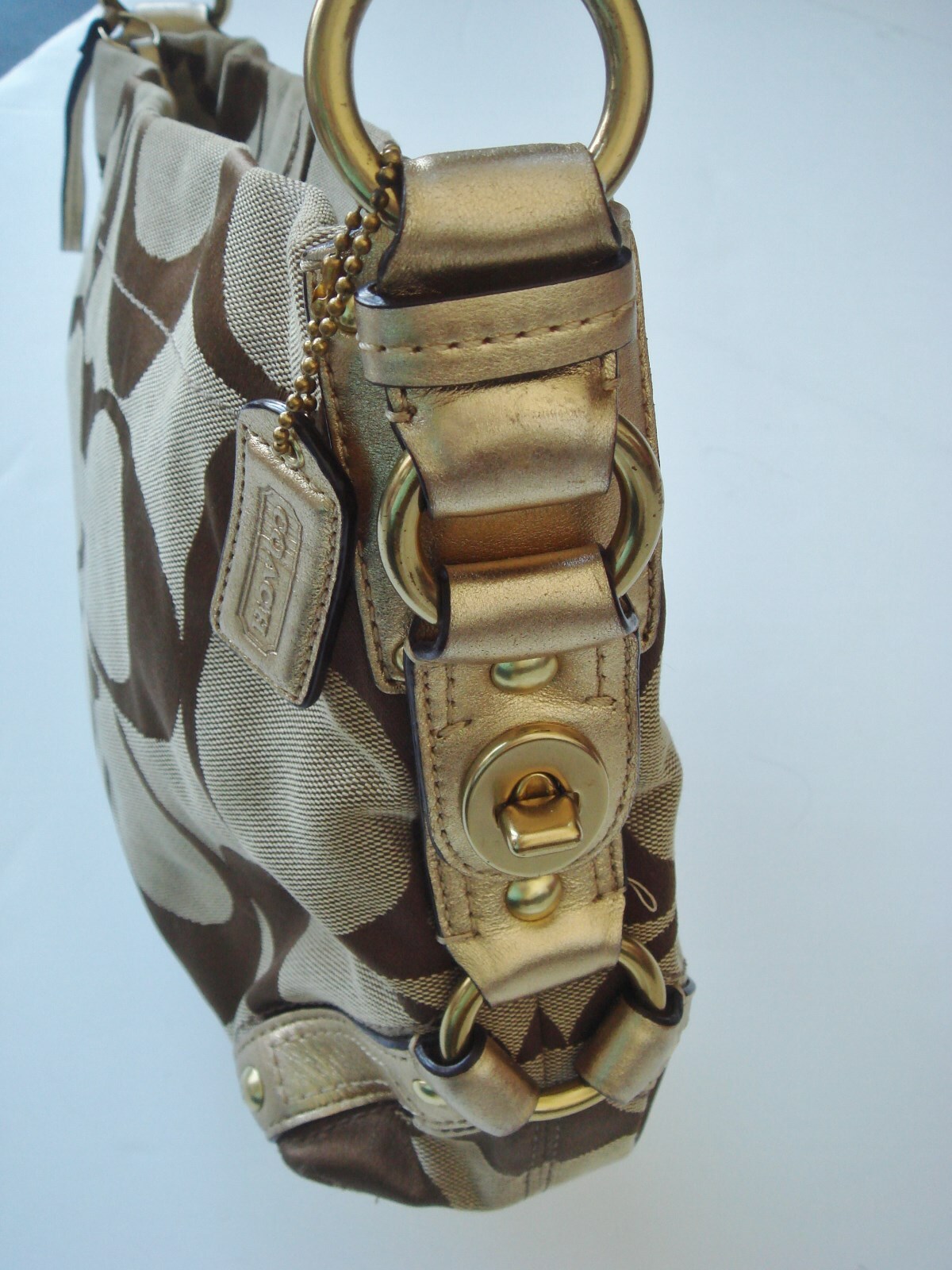 COACH Tan Khaki Signature Canvas and gold Metallic Leather Handbag ...