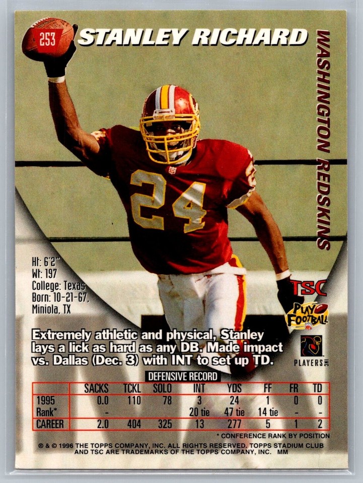 1996 TOPPS STADIUM CLUB CARD # 253 Stanley Richard - Washington ...