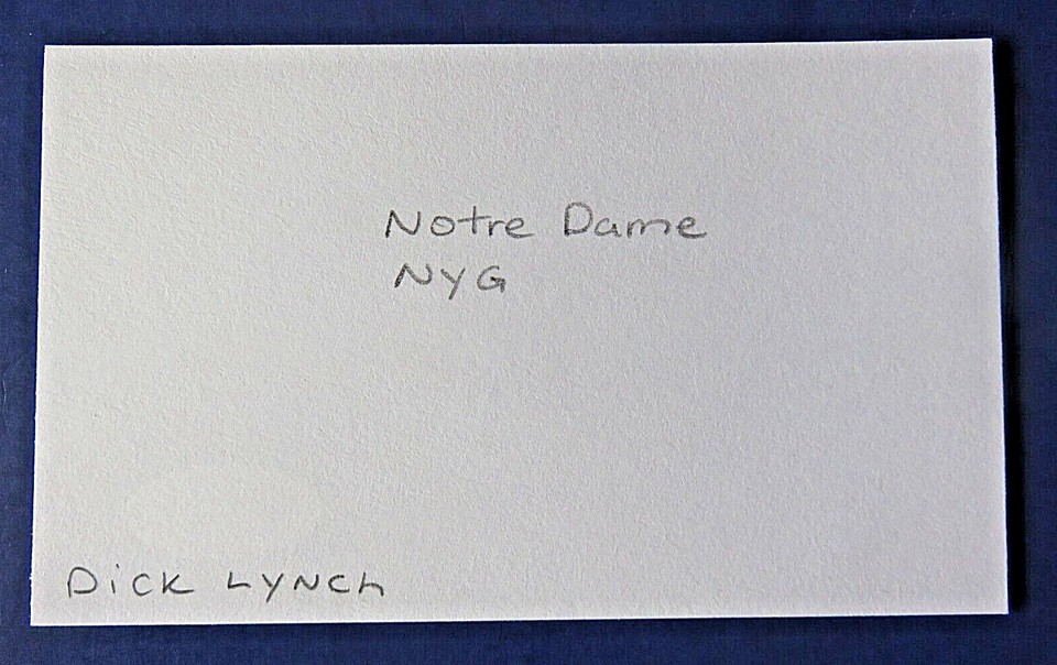 DICK LYNCH SIGNED 3x5 INDEX CARD ~ NY GIANTS & Notre Dame Football ...