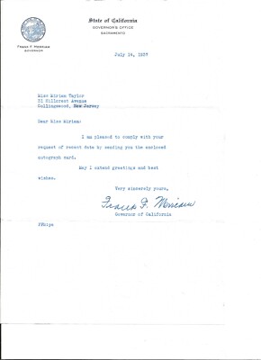 Frank Merriam 1937 typed letter as Governor from California | eBay