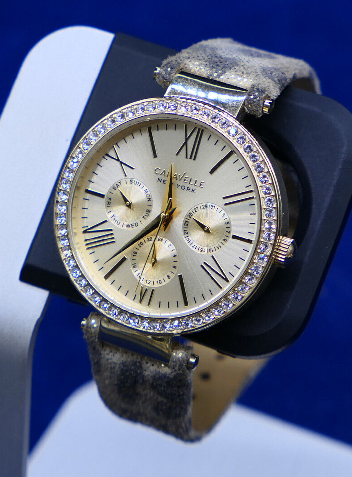 Caravelle New York 44N103 Women's Round Gold Tone Leopard Analog Day ...