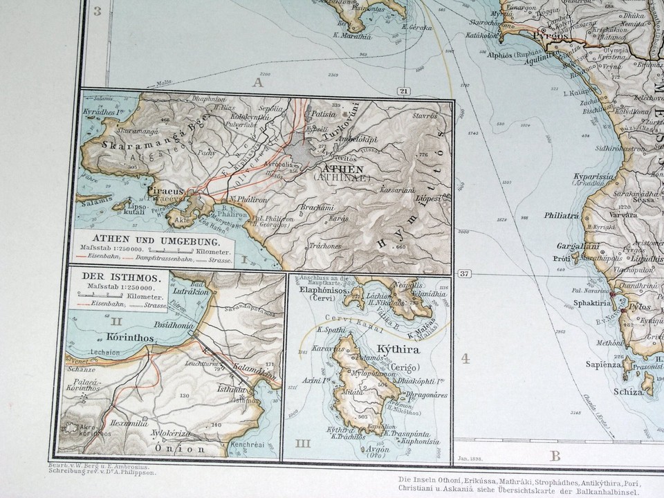 1898 ANTIQUE MAP OF KINGDOM OF GREECE PELOPONNESE ATTICA THESSALIA ...