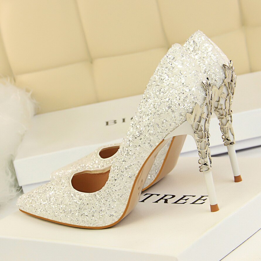 Women 10cm High Heels Glitter Pointed Toe Pumps Stilettos Wedding Party ...