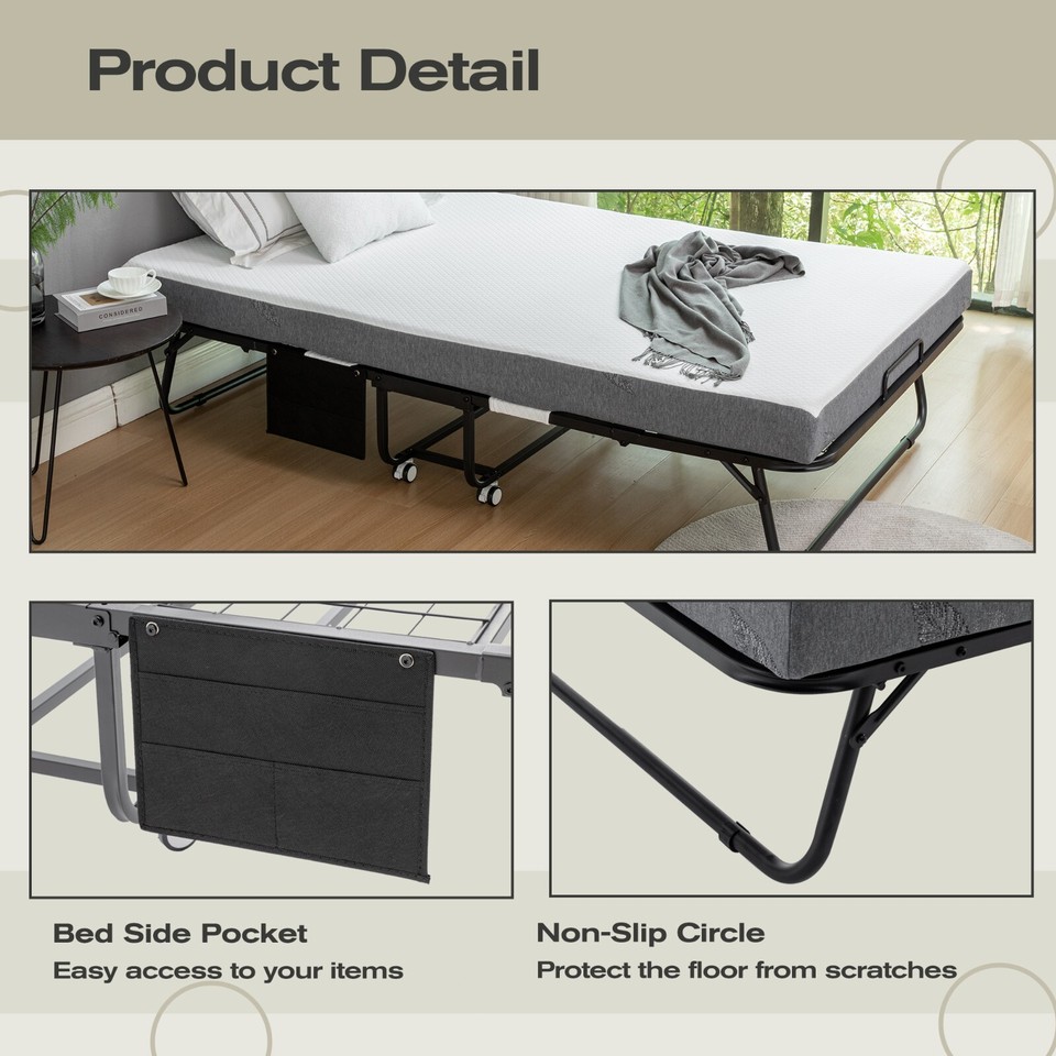 75x45Portable Folding Bed Metal Frame Rollaway Bed w/Memory Foam ...