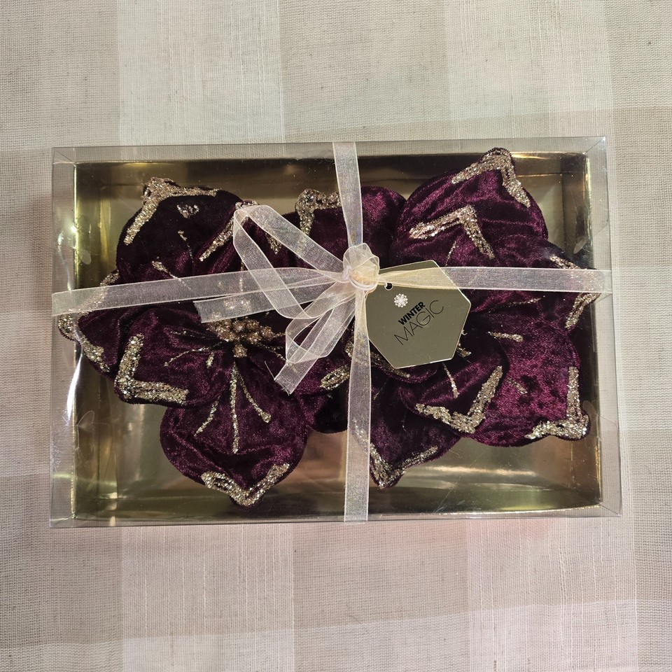 Set Of 2 Poinsettia Stem Jewel Glitter Christmas Clip-on Stem Purple ...