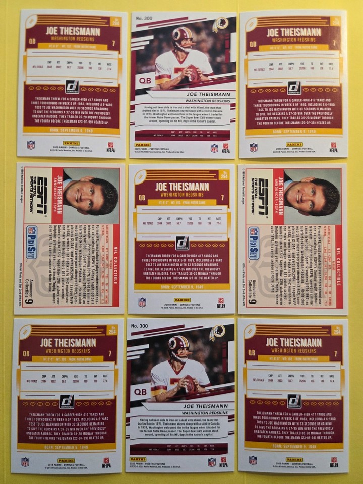 JOE THEISMANN 9 Card Lot Washington Redskins Collection SB Champ NFL ...