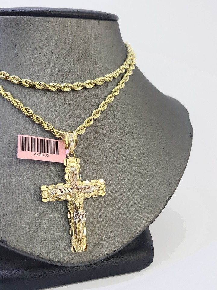 14k Yellow Gold Rope Chain & Jesus Nugget Cross Charm SET 4mm 22 Inches ...