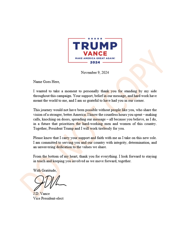 SIGNED 2024 ELECTION Thank You from JD VANCE Personalized - OFFICIAL ...