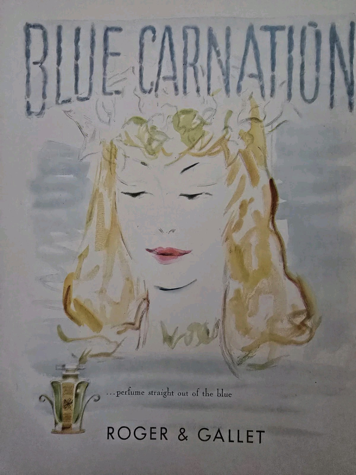 1946 Roger & Gallet Blue Carnation perfume woman's face art vintage adの ...