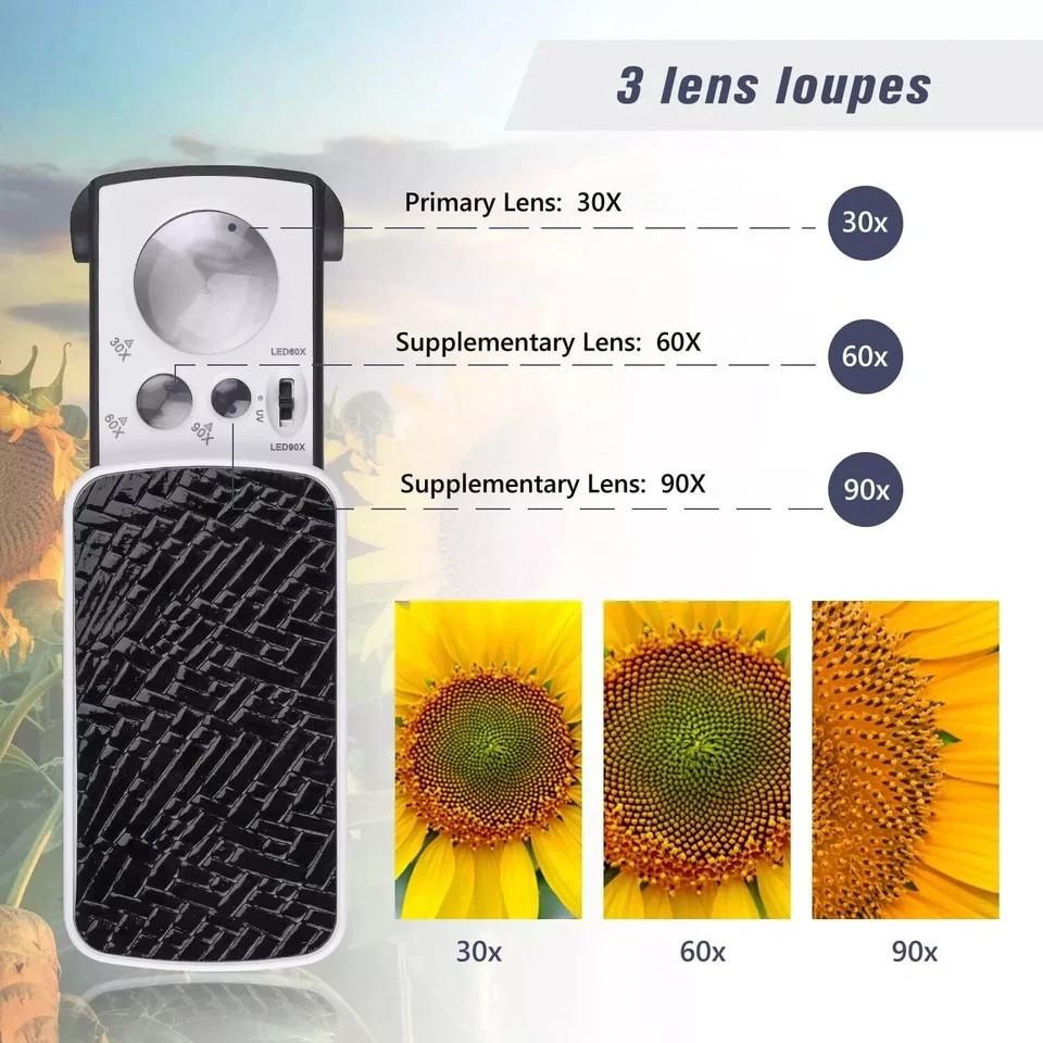 30X 60X 90X Jeweler Loupe Magnifier Jewelry Loop LED Magnifying Glass ...
