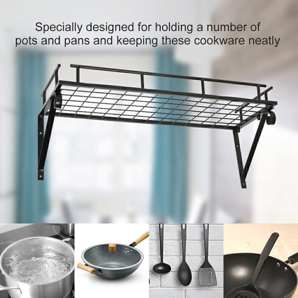 Kitchen Iron Hanging Pot Pan Rack Wall Mount Storage Shelf Saucepan ...