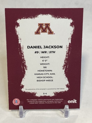 Daniel Jackson 2024 Onit On Card Auto 58/70 Minnesota Golden Gophers ...