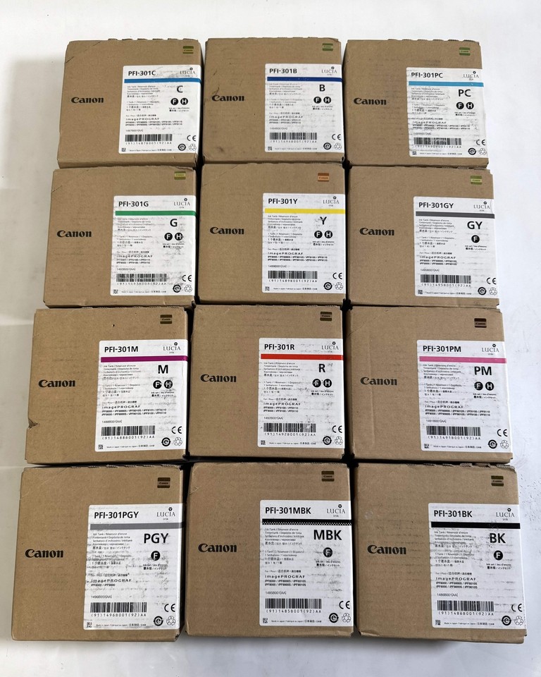 12 OEM Canon iPF8000,iPF9000,iPF9110 PFI-301 C,B,PC,G,Y,GY,M,R,PM,PGY ...
