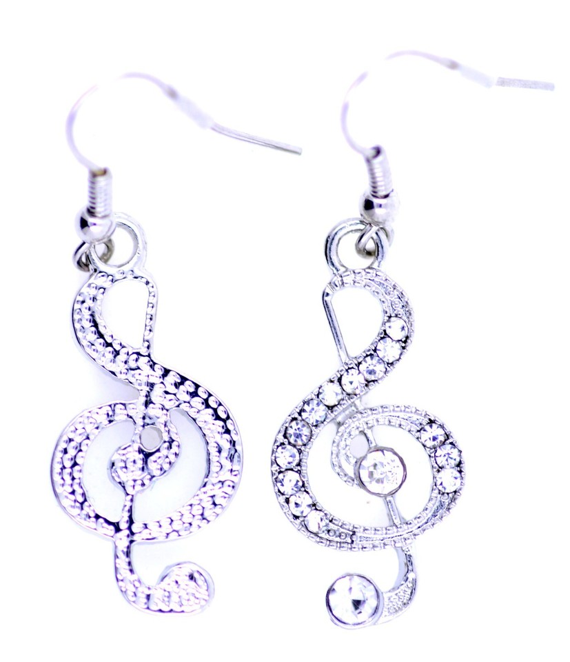 Silver and clear crystal musical note dangle earrings | eBay UK