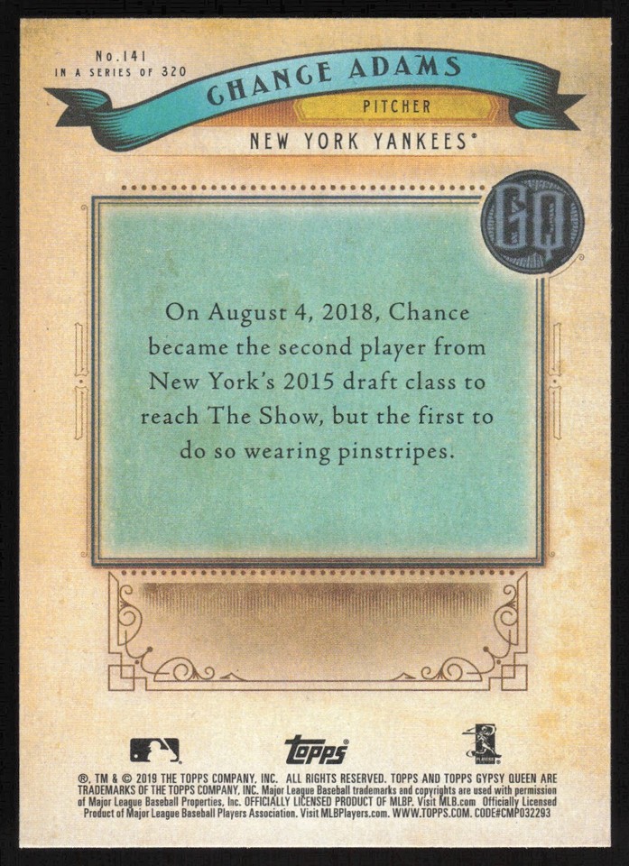2019 Topps Gypsy Queen Baseball Chance Adams RC #141 New York Yankees ...