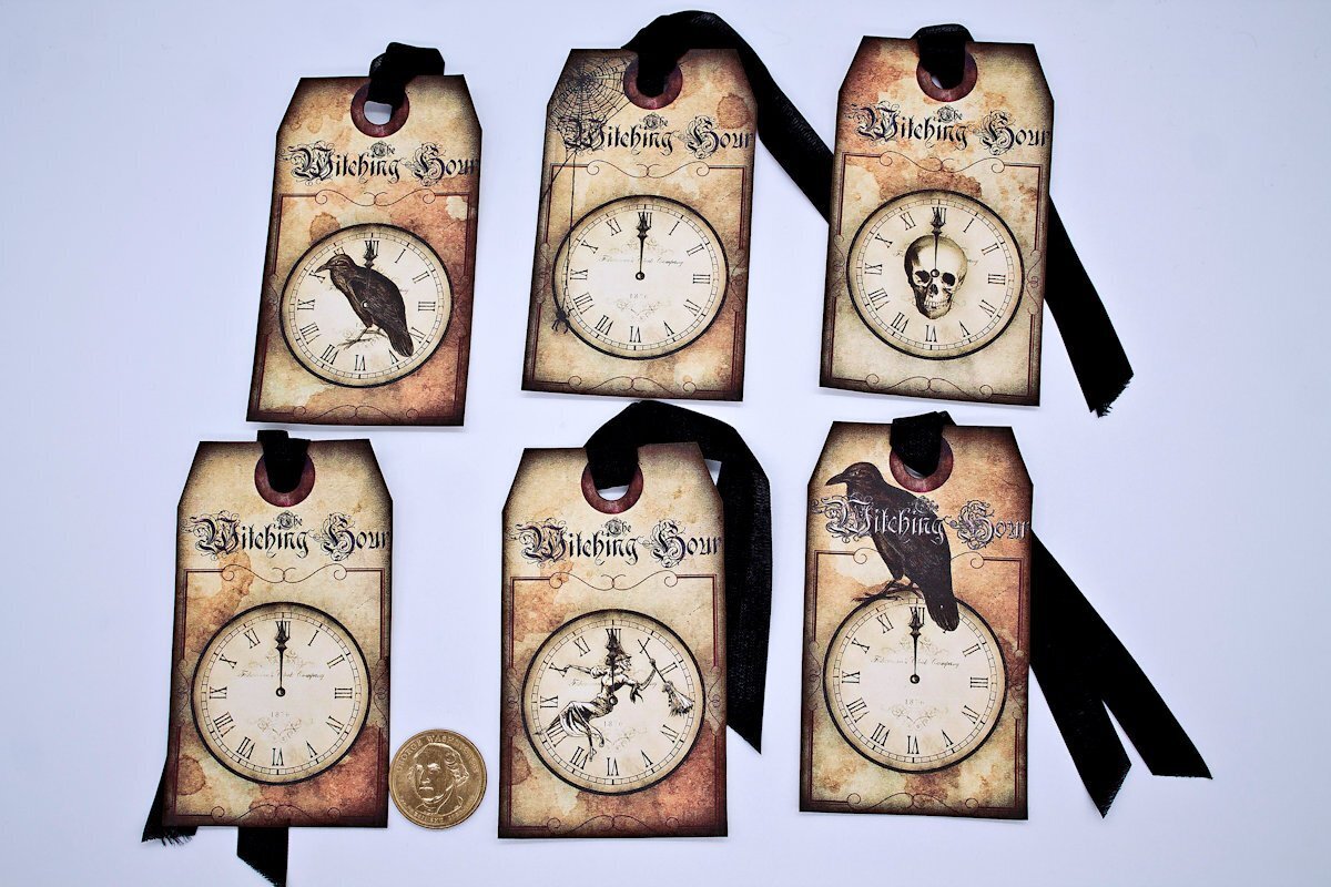 6~Halloween~Vintage~Witching Hour~Clock~Linen Cardstock~Gift~Hang~Tags ...