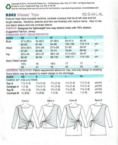 Kwik Sew Sewing Pattern 662 Tops Misses Size XS-XL | eBay