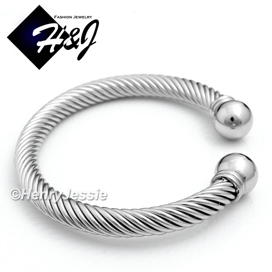 MEN WOMEN Stainless Steel Silver Twisted Cable Round Cuff Adjustable ...