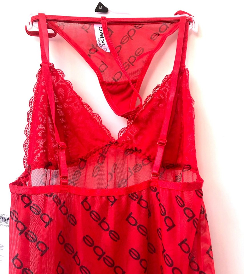 NWT bebe Sheer mesh Babydoll and string Thong Panties bebe print SET,S ...