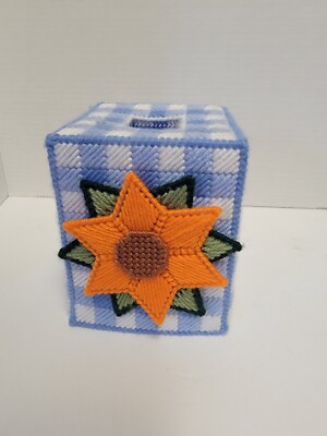 Plastic Canvas Handmade Tissue Cube Box Cover Blue & White Checkers ...