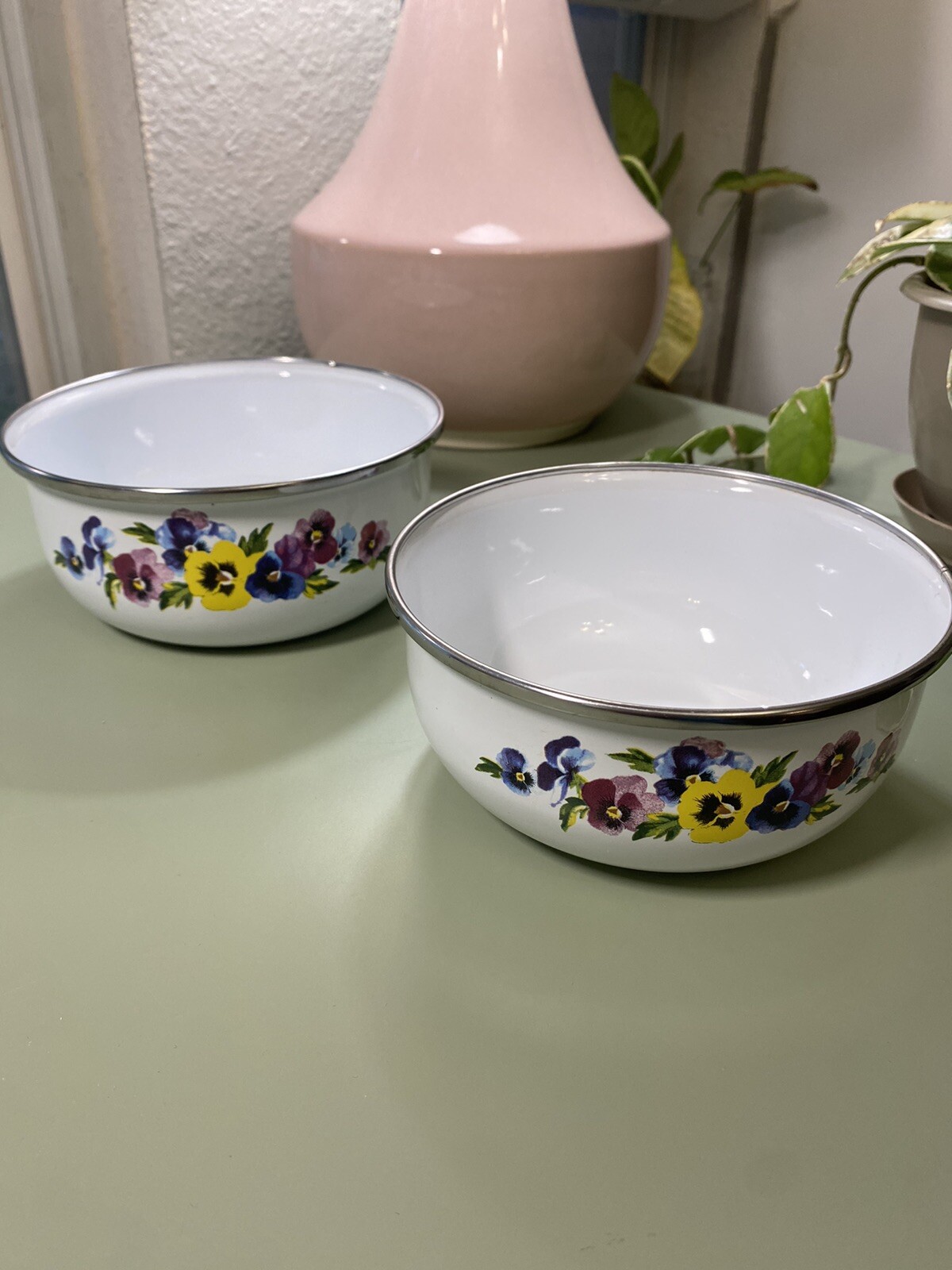 Set Of (2) Two Nesting Bowls GMI Enamelware Metal Bowl Pansies Vintage ...