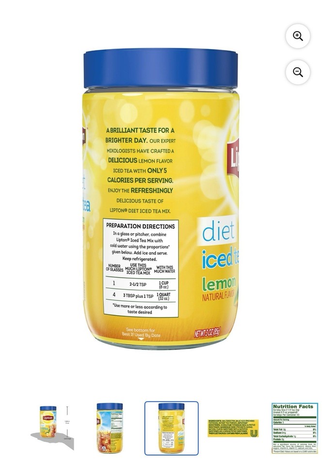 (3) Lipton DIET Iced Tea LEMON Flavor Mix 3 oz jars Free Ship ...