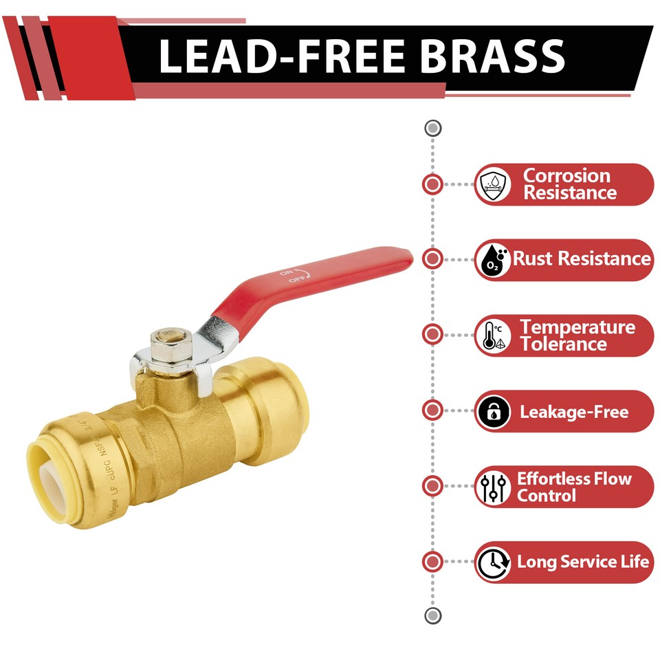 EFIELD 1/2" ×1/2 " Push Fit Ball Valve Red Handle Brass No Lead Free ...