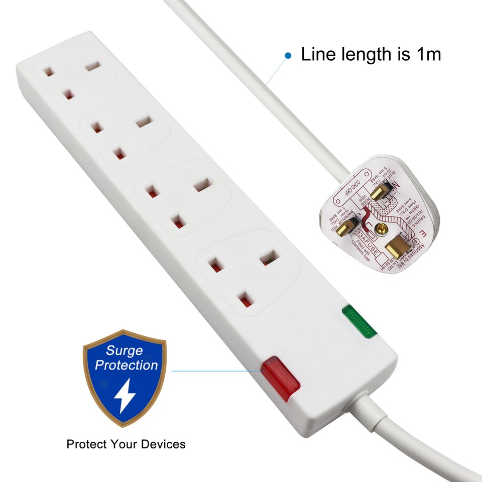 Surge Protected Mains Extension Lead UK Power Cable Electric Plug Multi ...