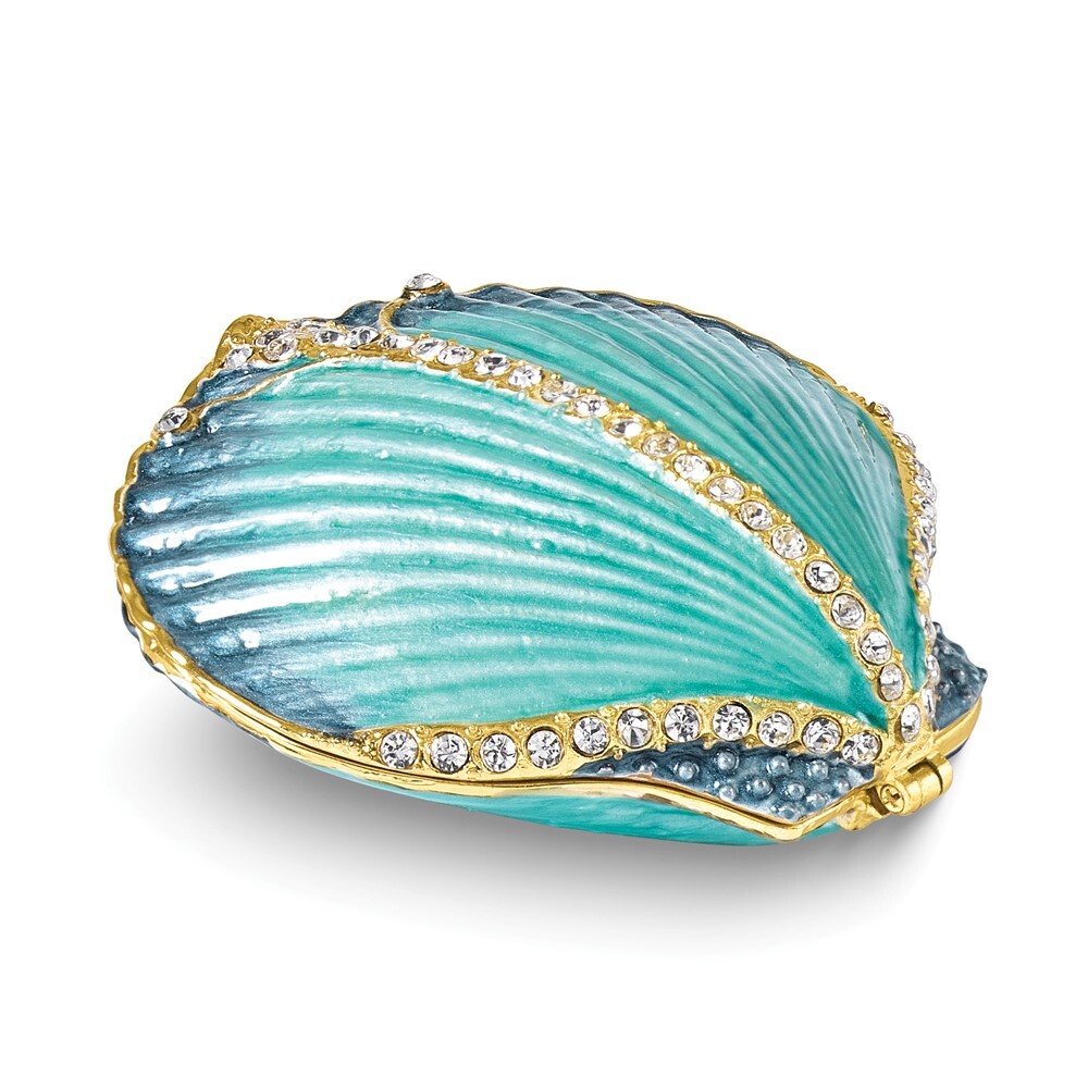 Bejeweled CYAN Blue Clam Shell Trinket Box Matching 18 inch Necklace | eBay