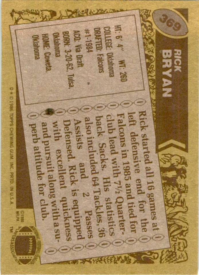 1986 TOPPS} RICK BRYAN ATLANTA FALCONS #369 | eBay