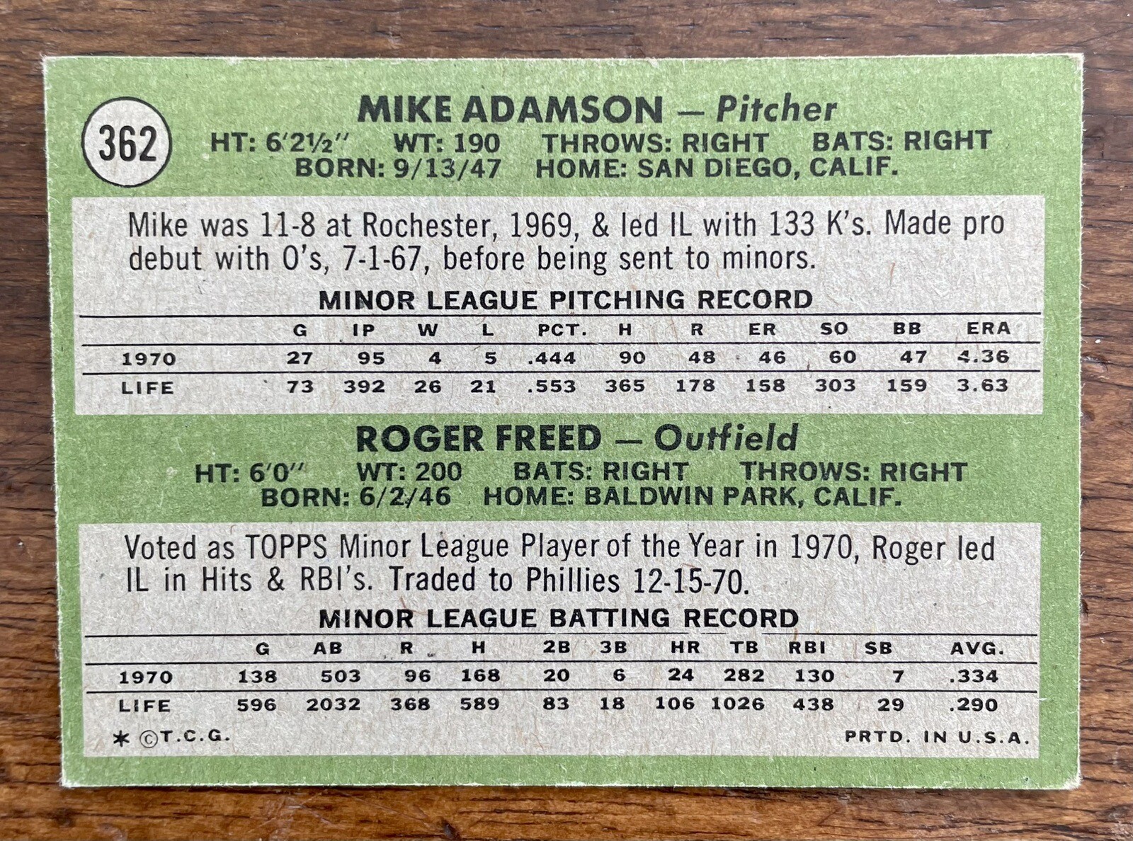 1971 Topps - 1971 Rookie Stars #362 Roger Freed, Mike Adamson for sale ...