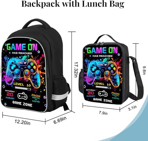 2PCS Boys Backpack,Kids Backpack Set with Lunch Box,Video Game Video ...