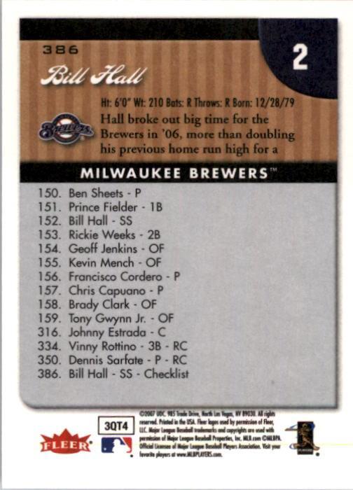 2007 Fleer Milwaukee Brewers Baseball Card #386 Bill Hall CL | eBay