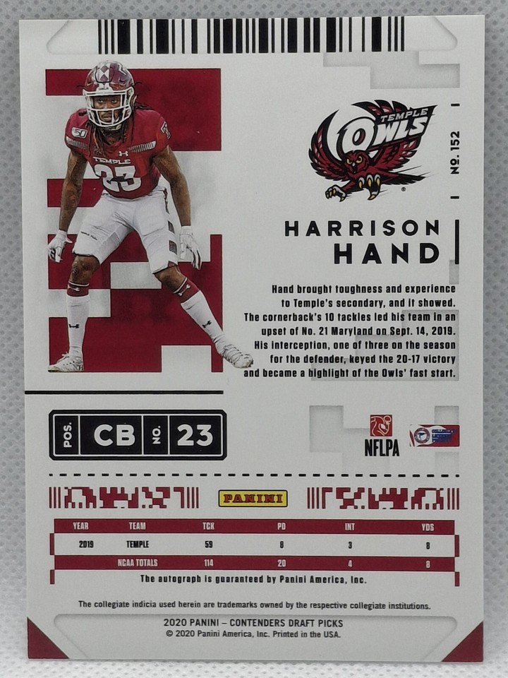 2020 Contenders Draft Picks Harrison Hand RC Rookie #152 Cracked Ice ...
